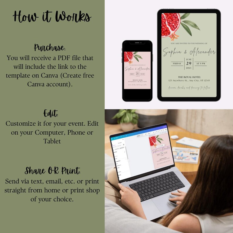 Pomegranate Wedding Invitation Template Digital Invitation Editable ...