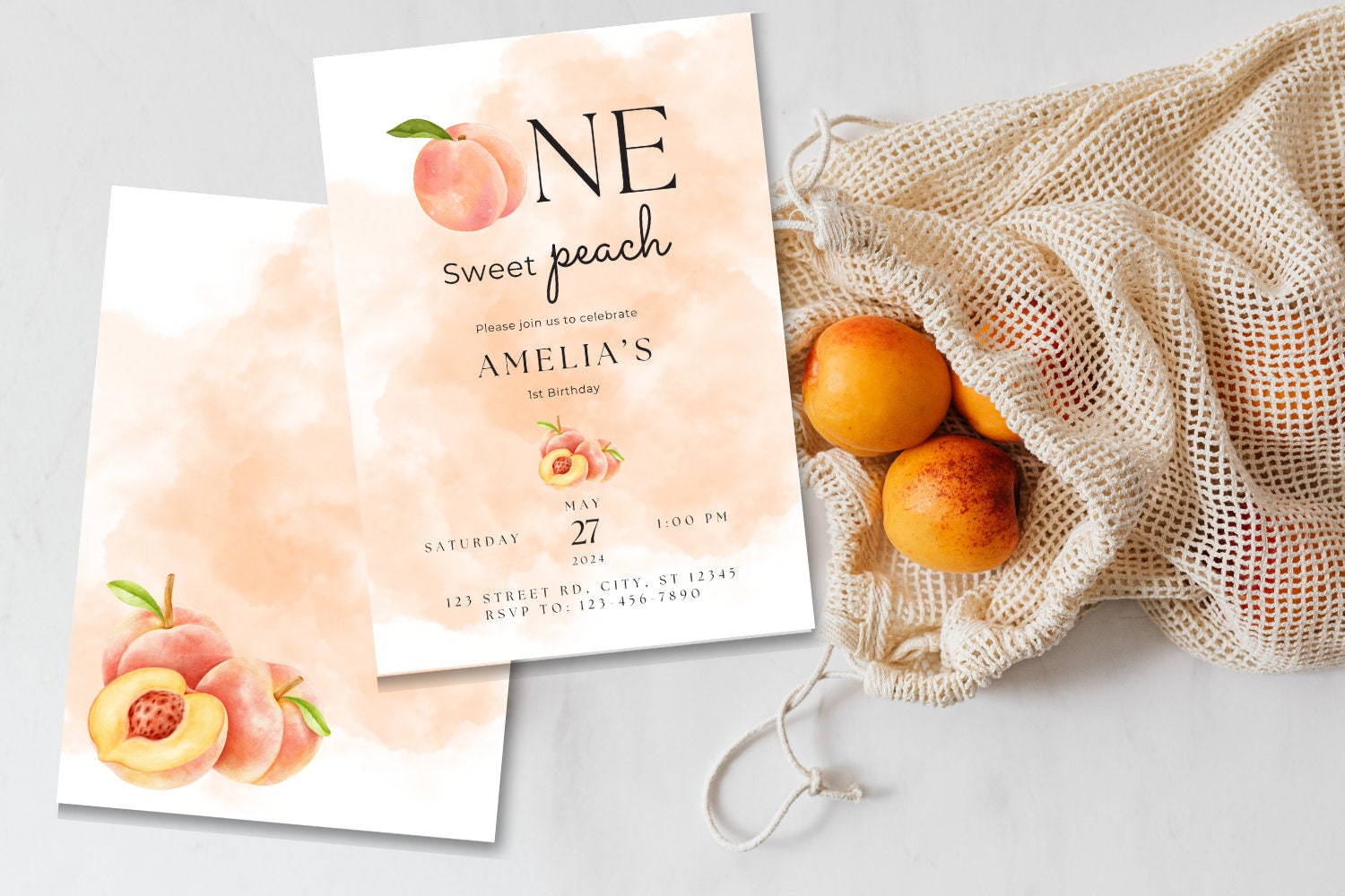 One Sweet Peach Template 1st Birthday Peachy Invitation Editable - Etsy