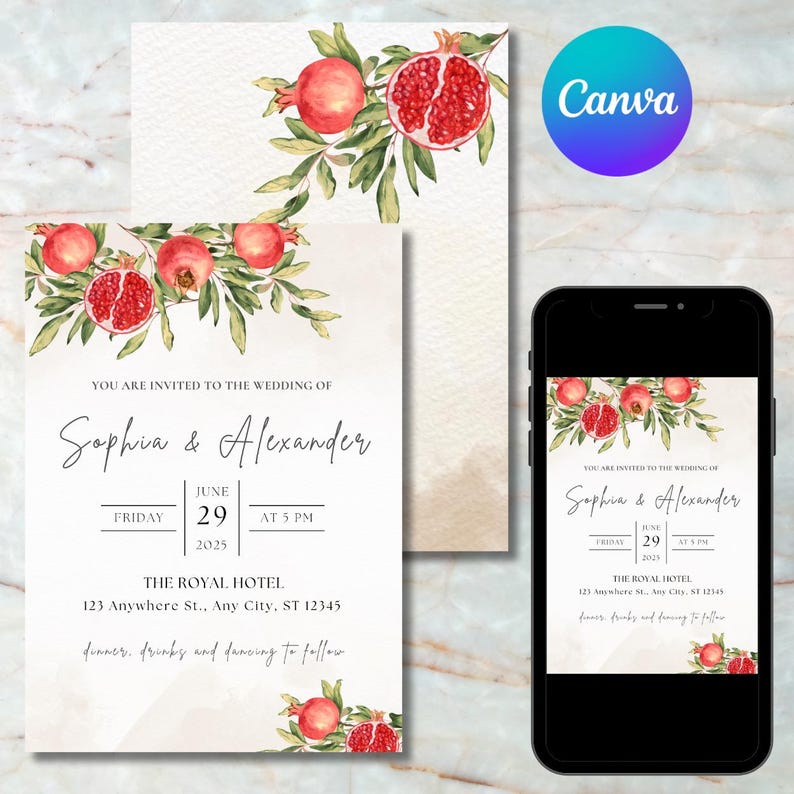 Pomegranate Wedding Invitation Template Rustic Digital Invitation ...