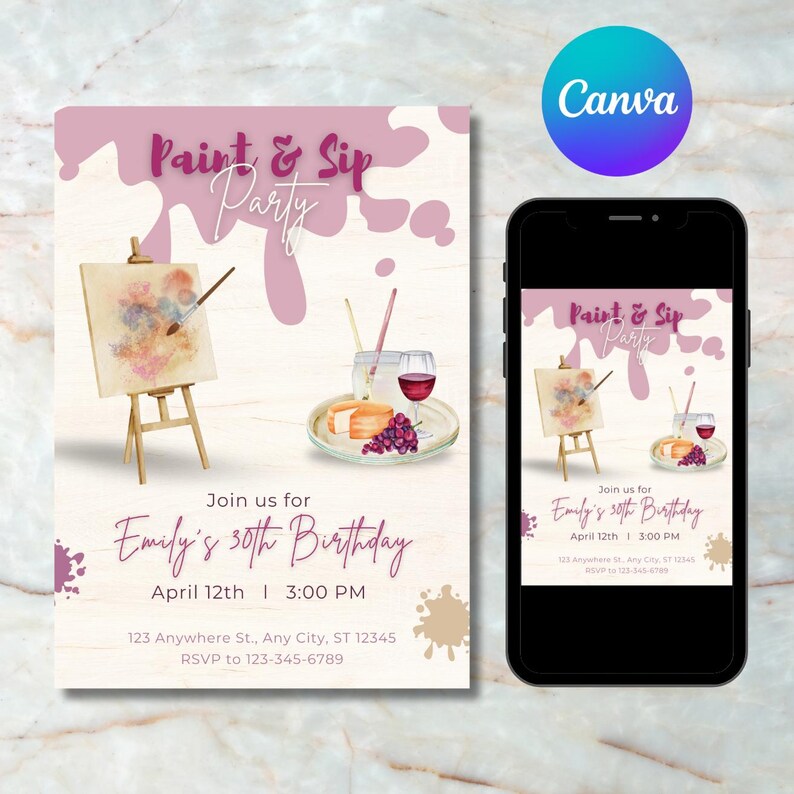 Paint and Sip Birthday Invitation Template Adult Birthday Party Invite ...