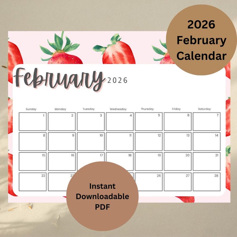 Printable February 2026 Calendar: Watercolor Fruit Design (digital ...