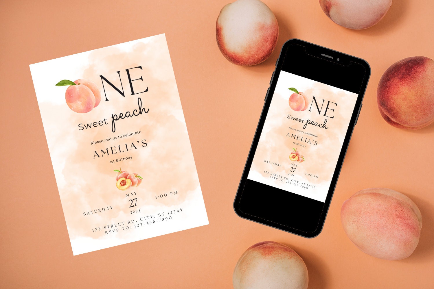 One Sweet Peach Template 1st Birthday Peachy Invitation Editable - Etsy