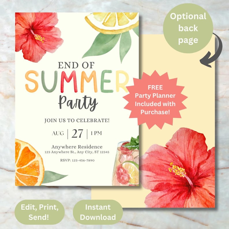End of Summer Party Invitation Template Printable And/or Instant ...