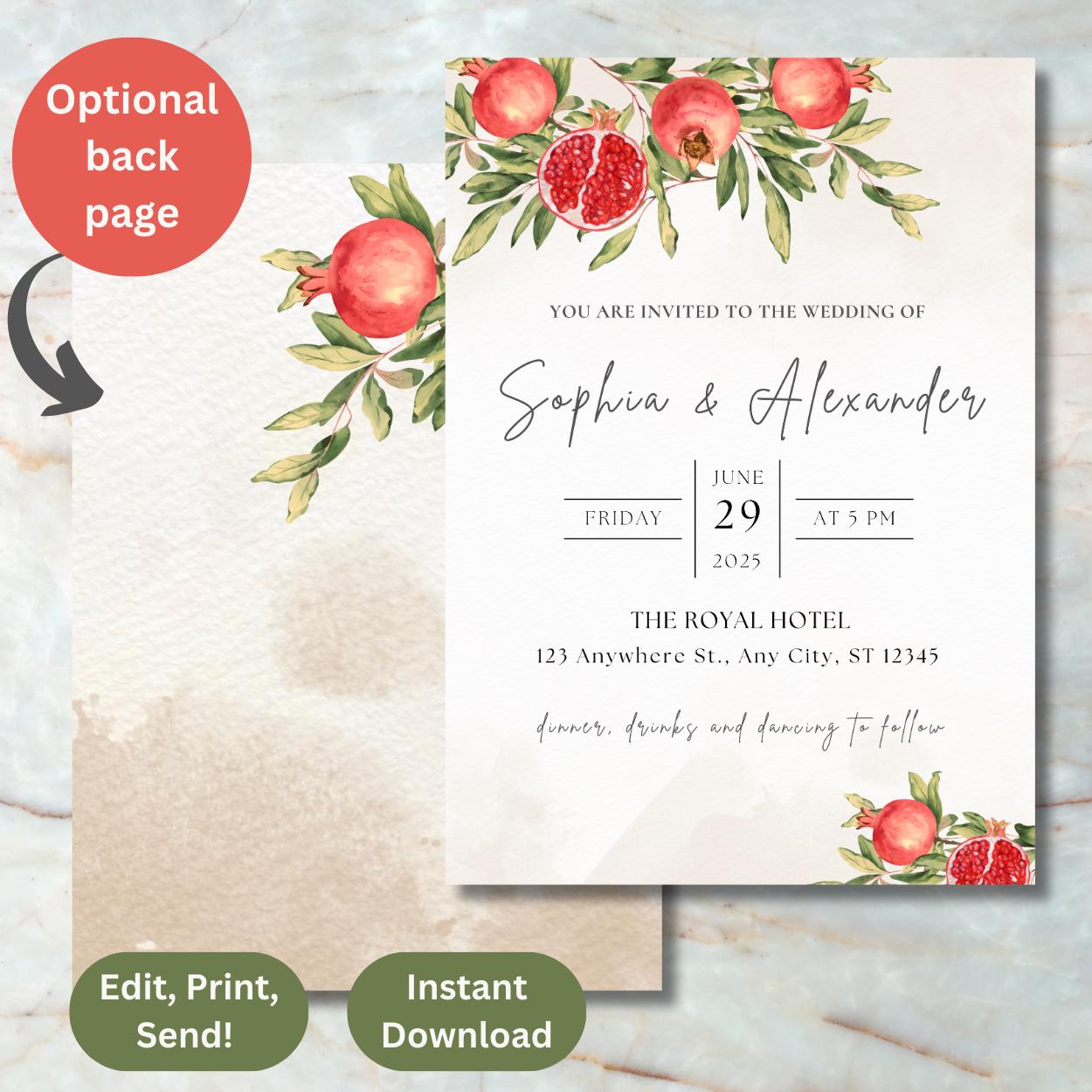 Pomegranate Wedding Invitation Template Rustic Digital Invitation ...
