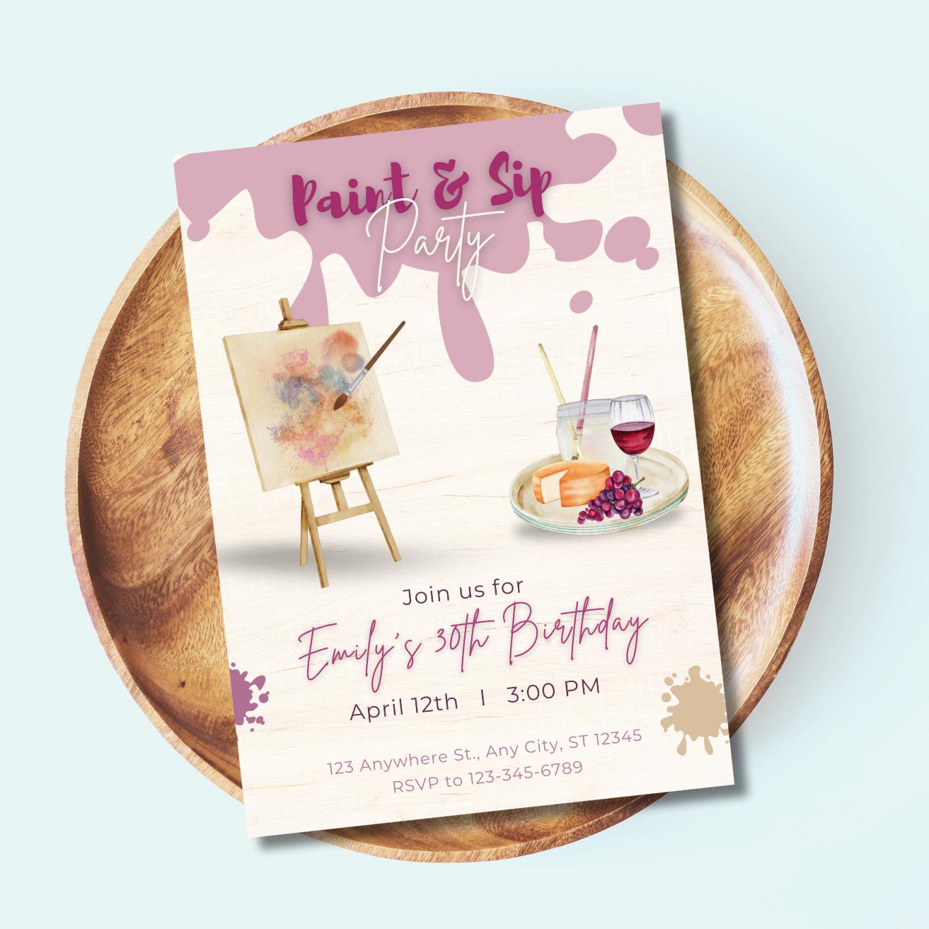 Paint and Sip Birthday Invitation Template Adult Birthday Party Invite ...