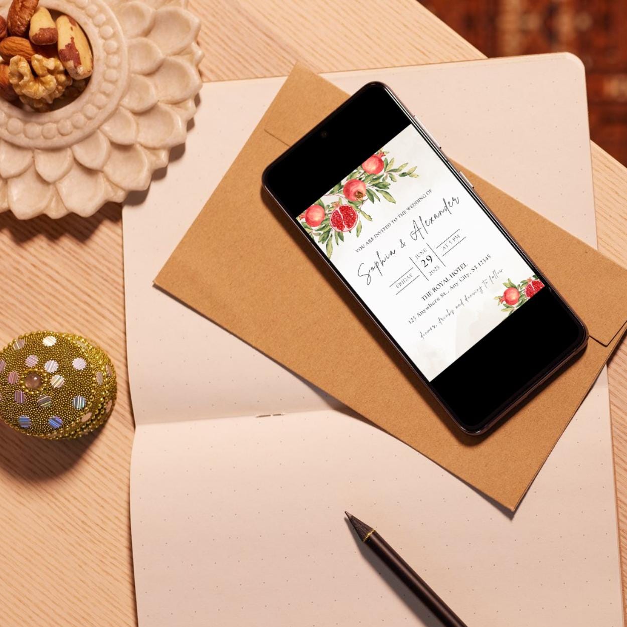 Pomegranate Wedding Invitation Template Rustic Digital Invitation ...