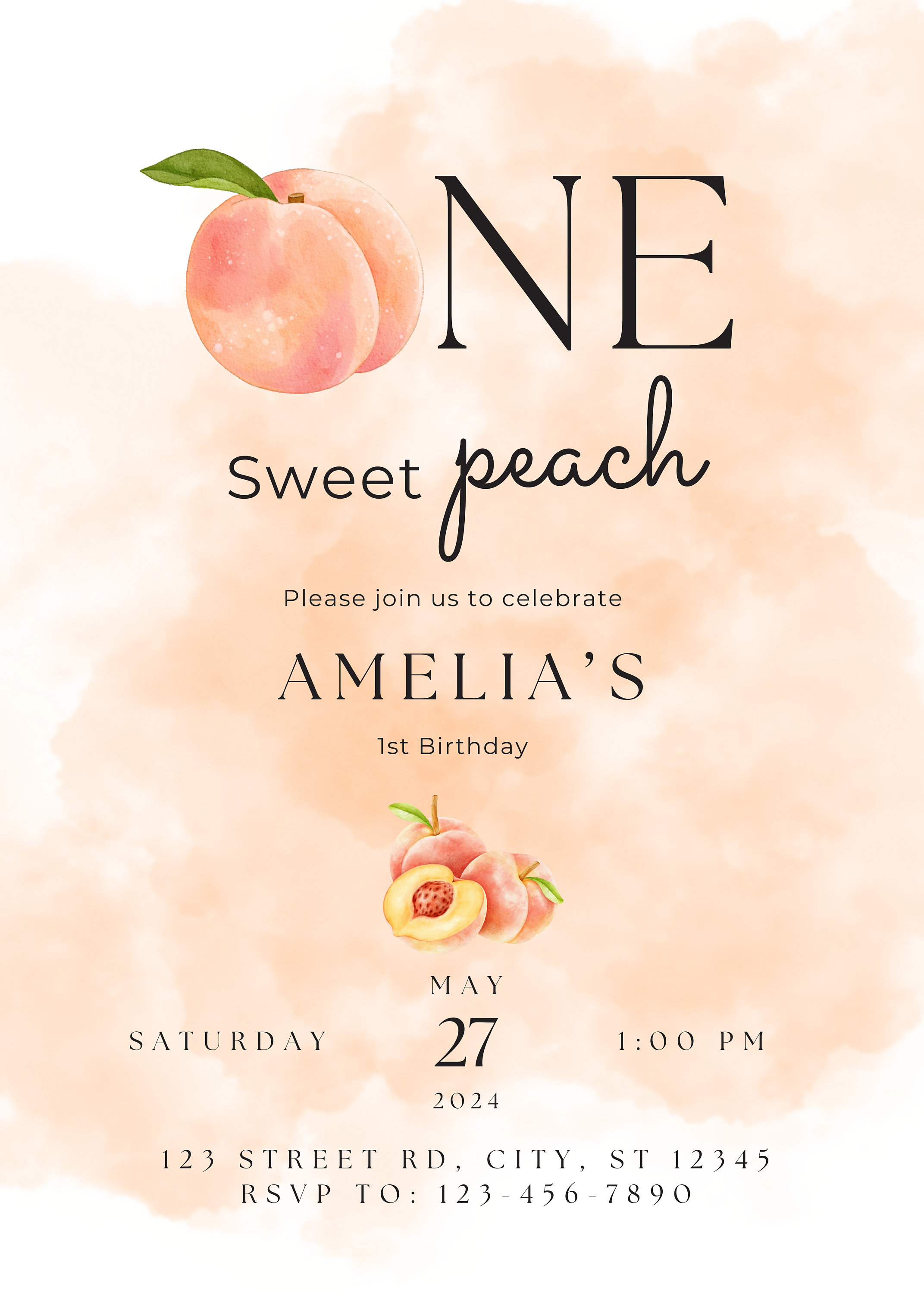 One Sweet Peach Template 1st Birthday Peachy Invitation Editable - Etsy
