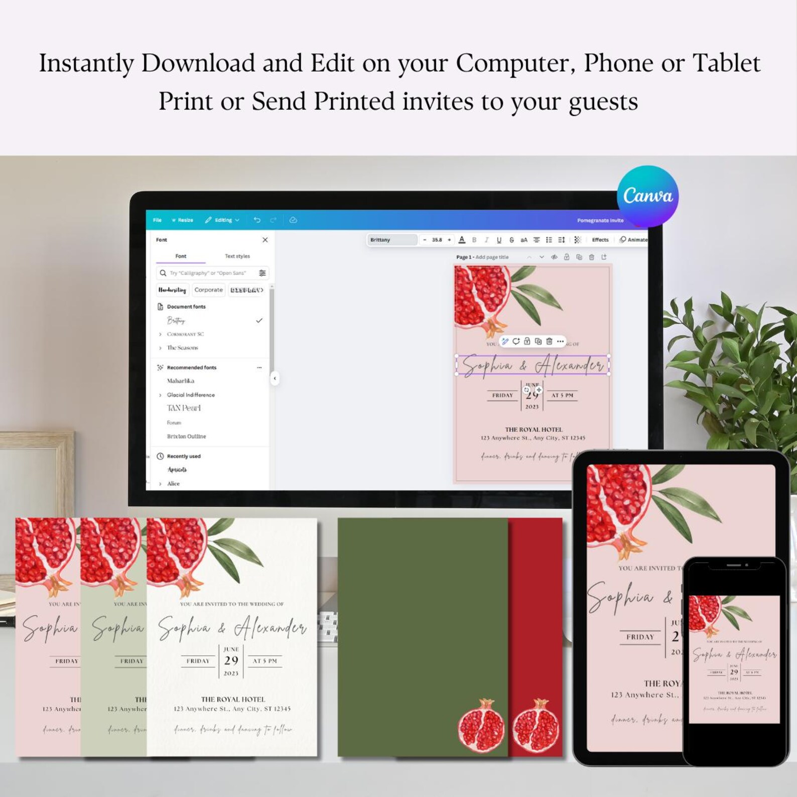 Pomegranate Wedding Invitation Template Digital Invitation Editable ...