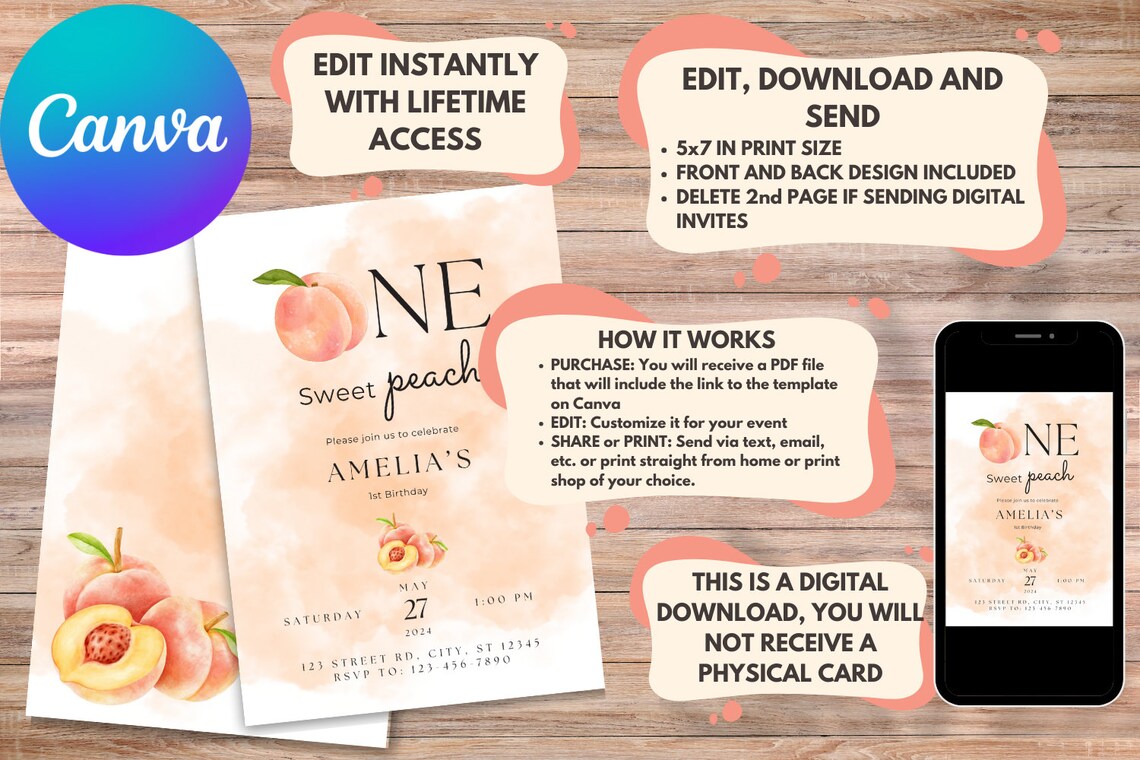 One Sweet Peach Template 1st Birthday Peachy Invitation Editable - Etsy