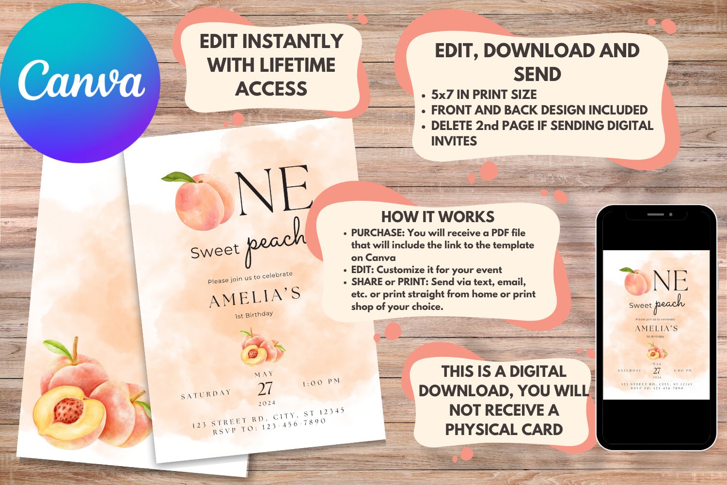 One Sweet Peach Template 1st Birthday Peachy Invitation Editable - Etsy