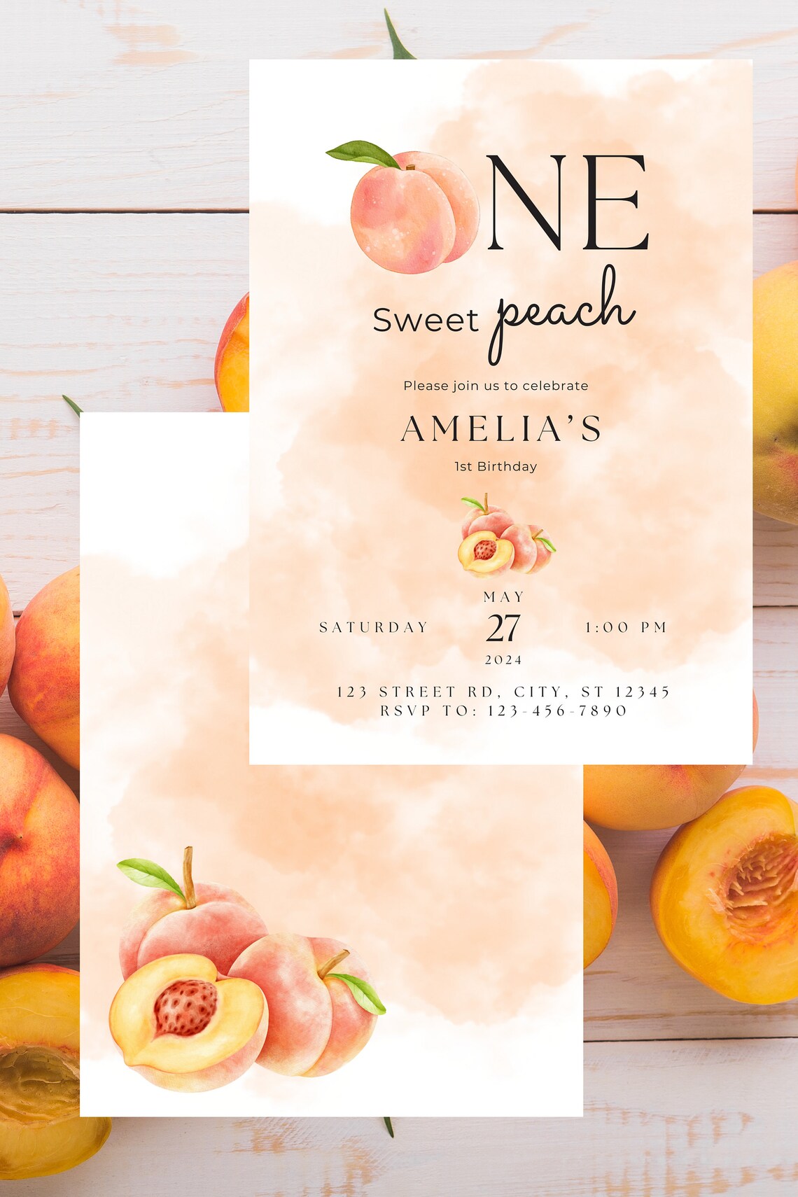 One Sweet Peach Template 1st Birthday Peachy Invitation Editable - Etsy
