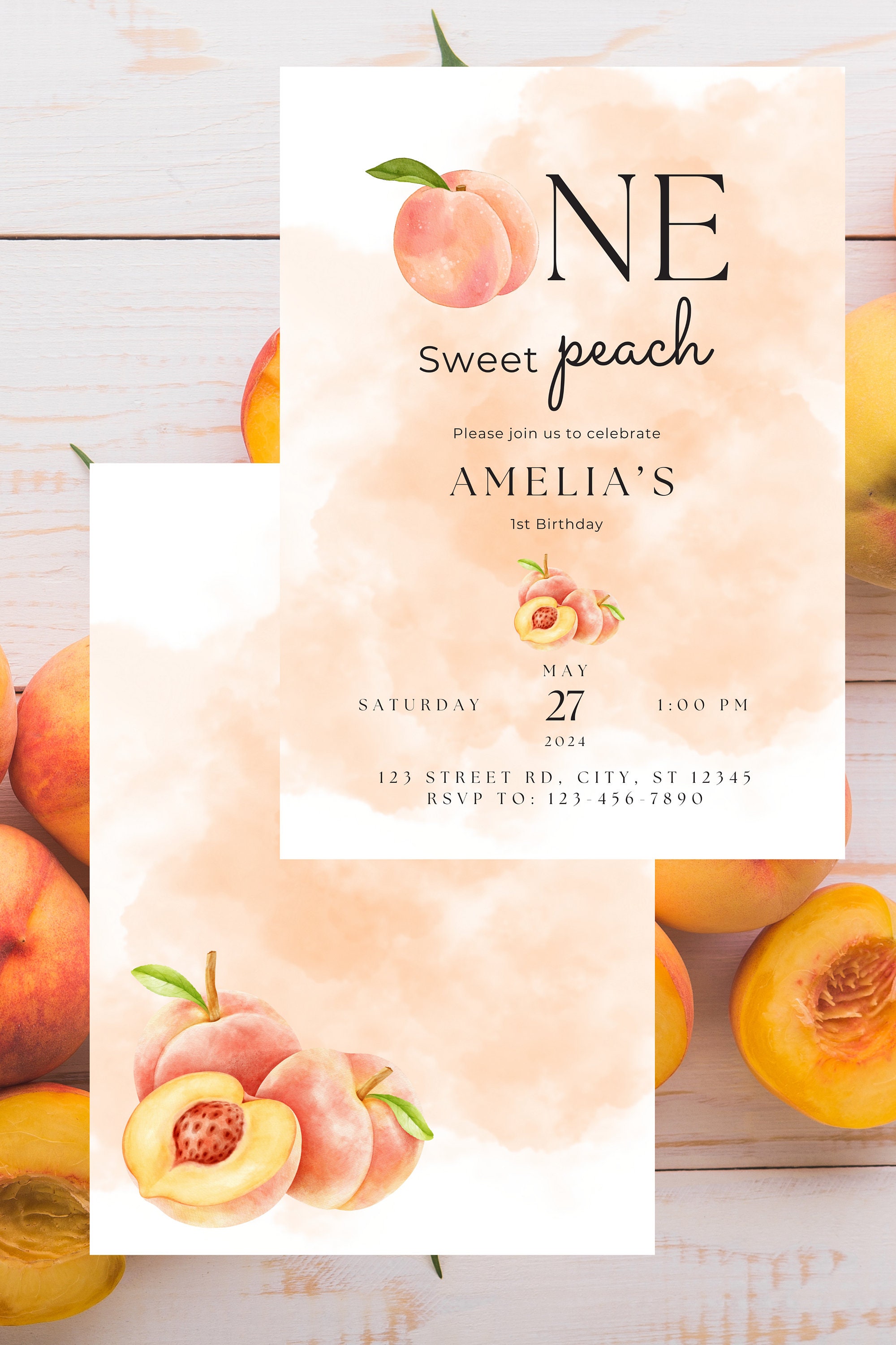 One Sweet Peach Template 1st Birthday Peachy Invitation Editable - Etsy