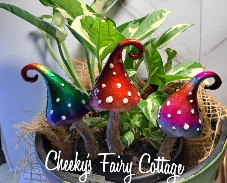 3 Pce.whimsical Metallic Mushroom Garden Stake for Fairy Gardens Great ...