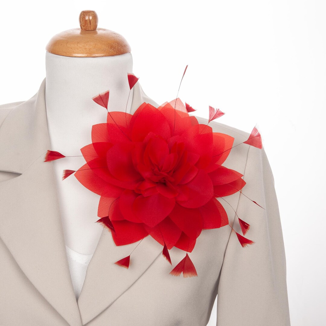Handmade Red Flower Brooch With Feathers – Large Elegant Rose Pin for ...