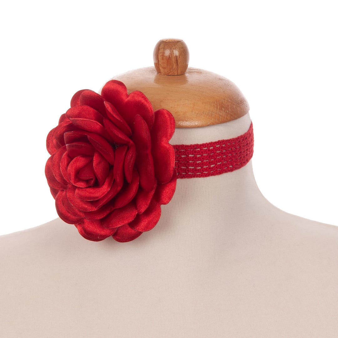 Red Rose Choker Necklace, Rose Red Flower Choker Necklace, Handmade ...