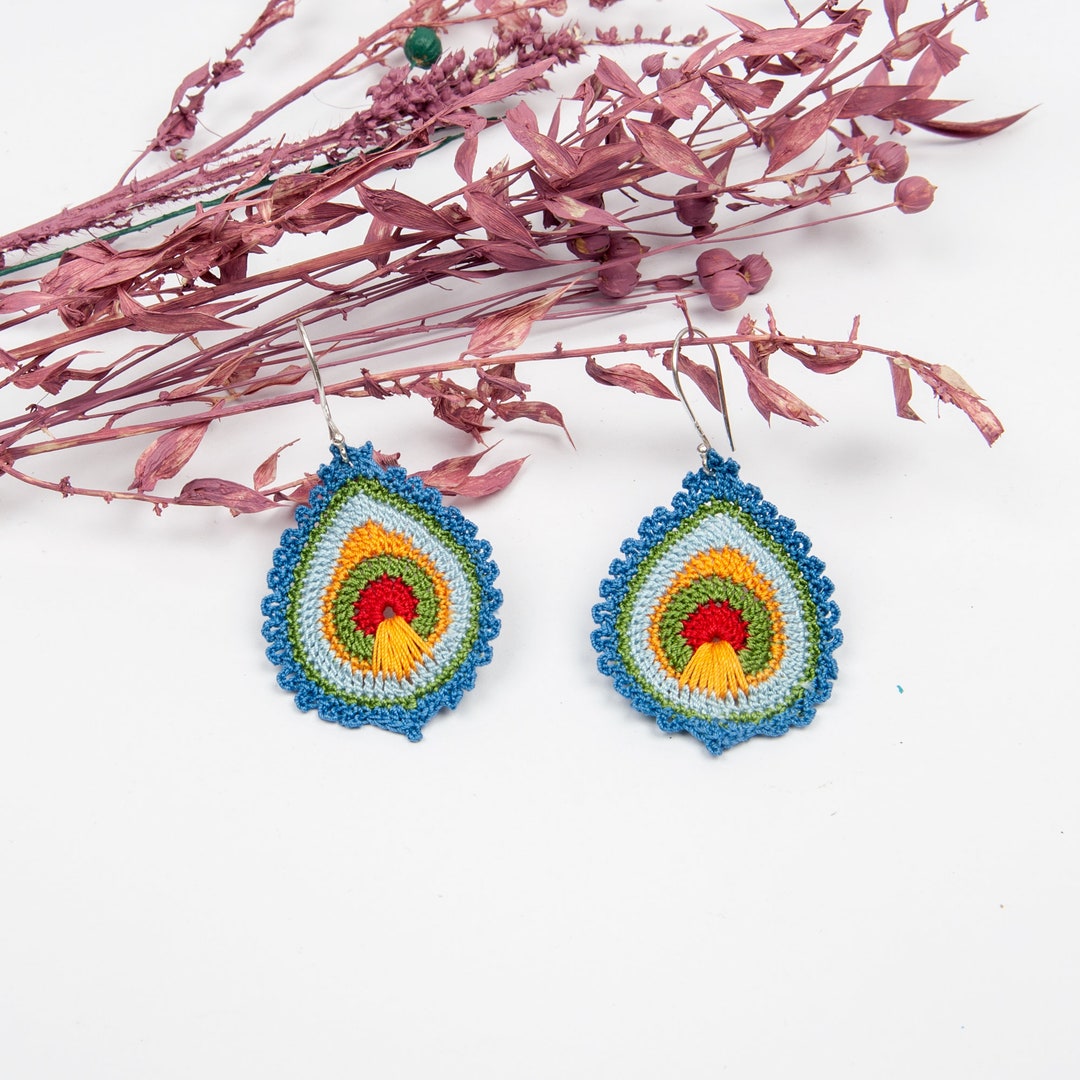 Handcrafted Micro Crochet Peacock Feather Earrings: Sterling Silver ...