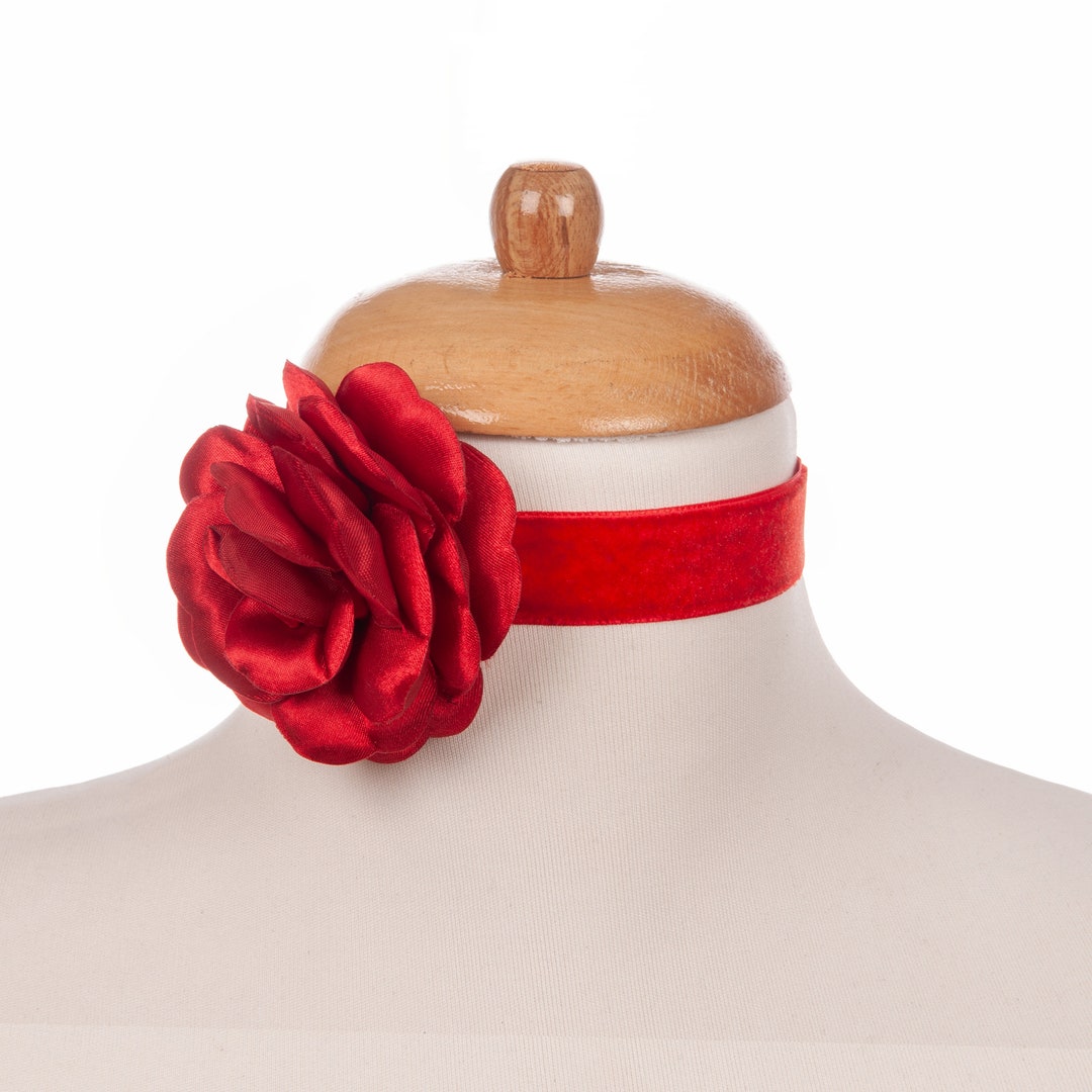 Red Rose Choker Necklace, Rose Red Flower Choker Necklace, Handmade ...