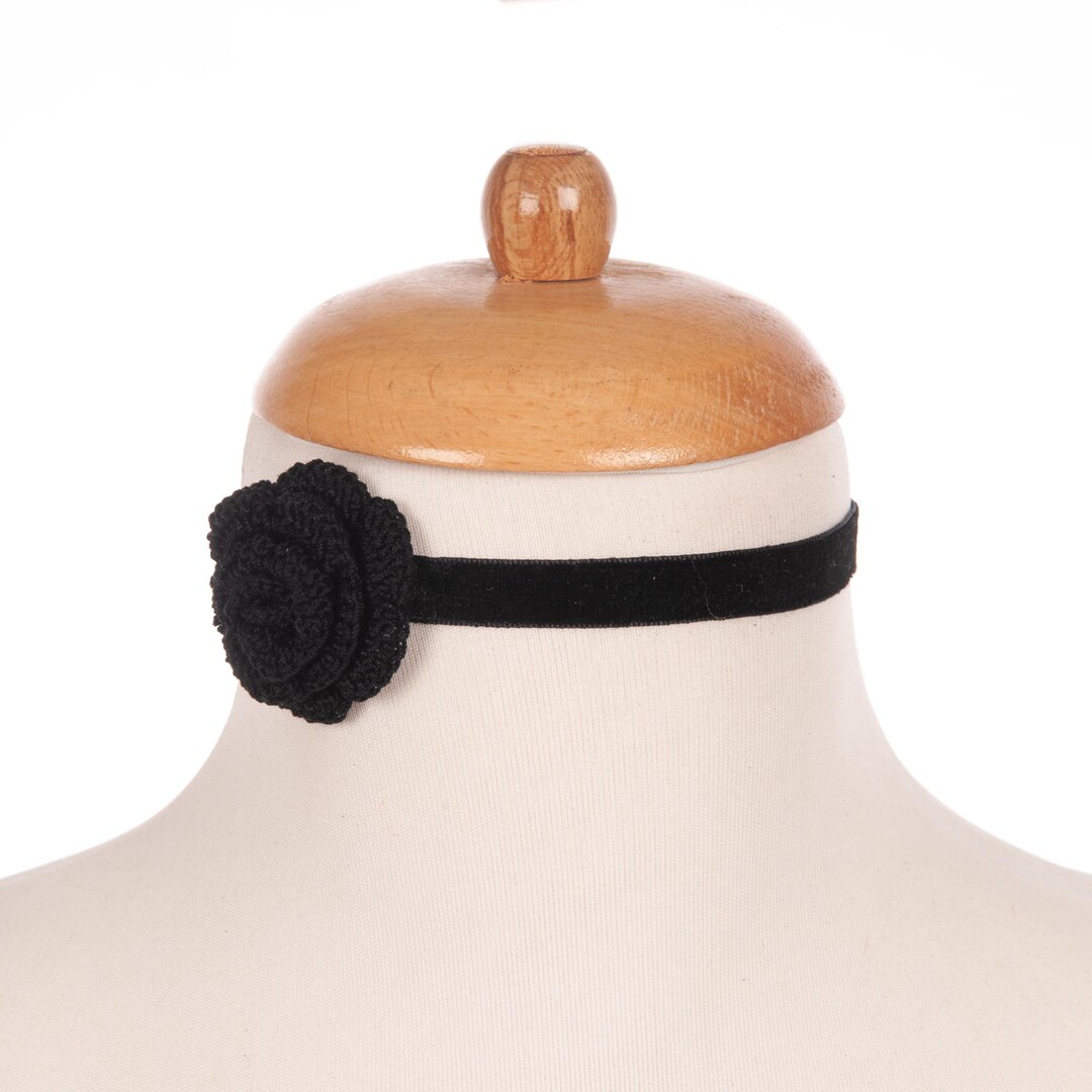 Flower Wrap Necklace, Black Rose Choker Collar, Handmade Necklace, Soft ...