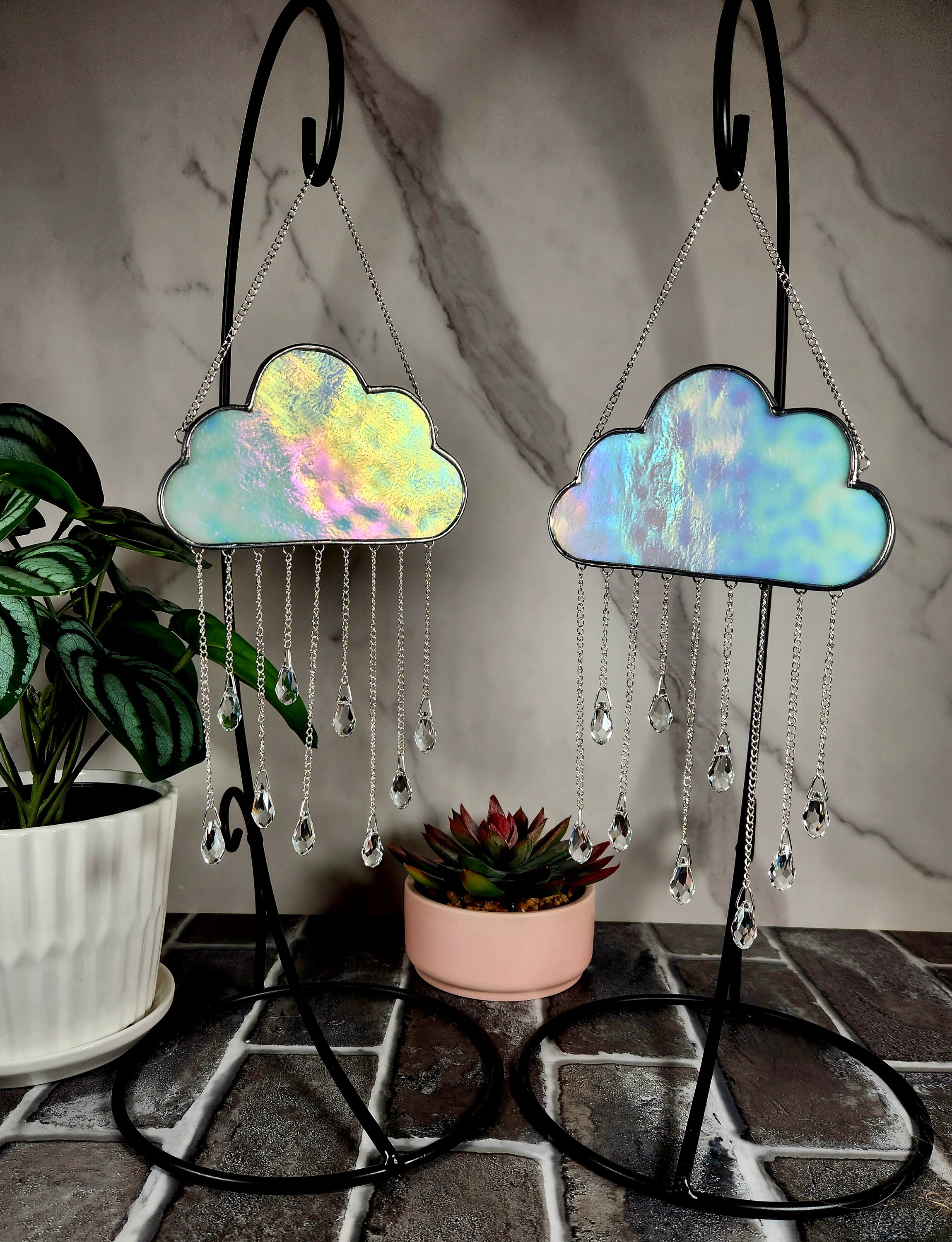 Stained Glass Rain Cloud Suncatcher, Iridescent Cloud and Crystal Rain ...