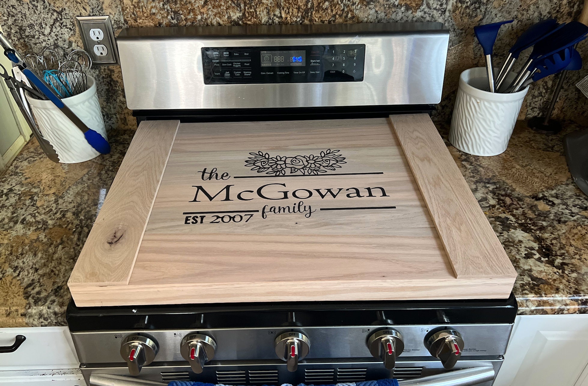 Personalized Red Oak Hardwood Stove Cover - Custom Family Name Kitchen ...