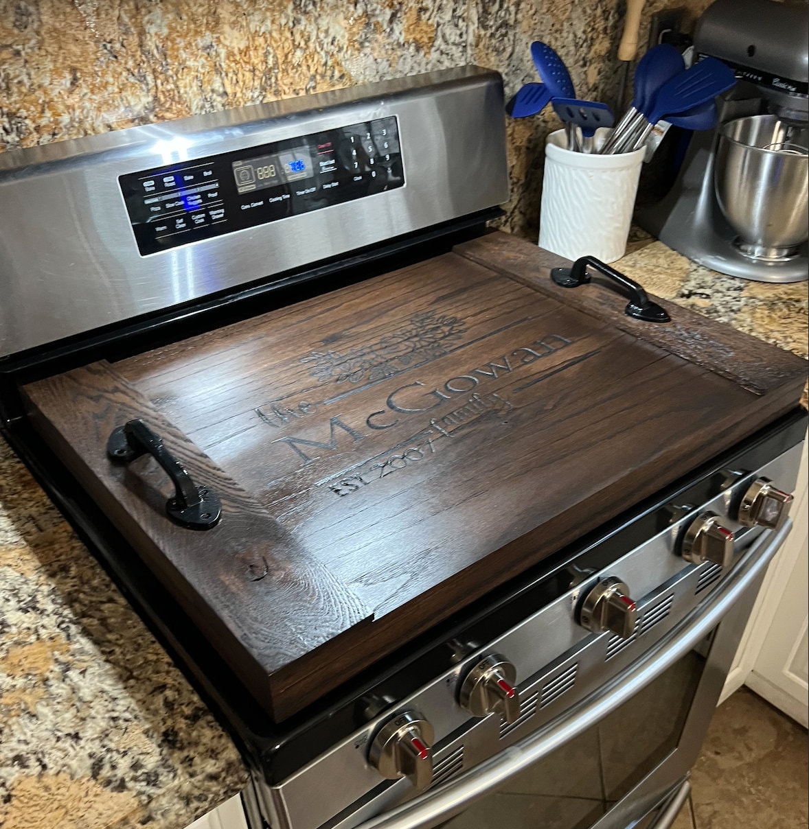 Personalized Red Oak Hardwood Stove Cover - Custom Family Name Kitchen ...