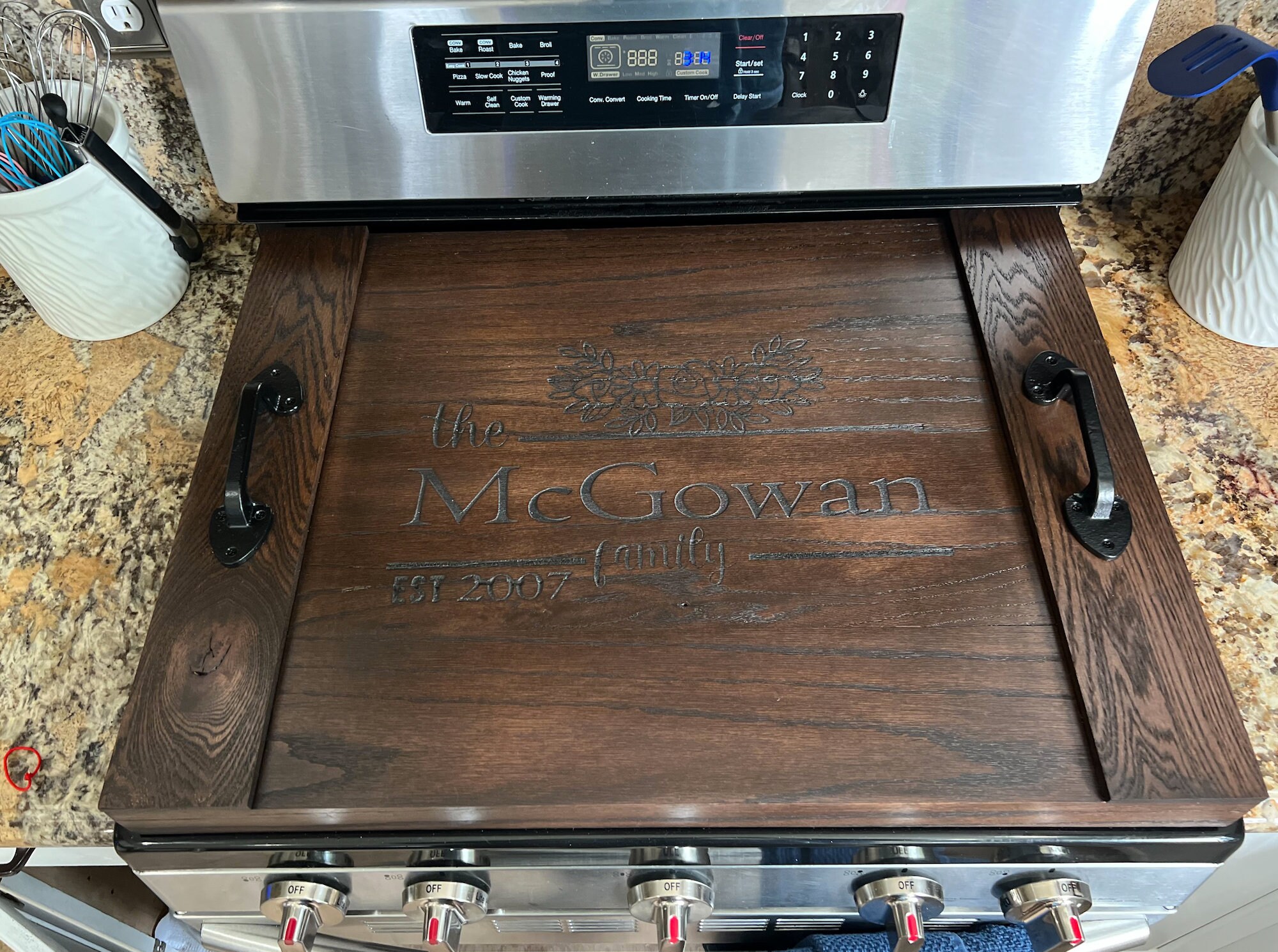 Personalized Red Oak Hardwood Stove Cover - Custom Family Name Kitchen ...