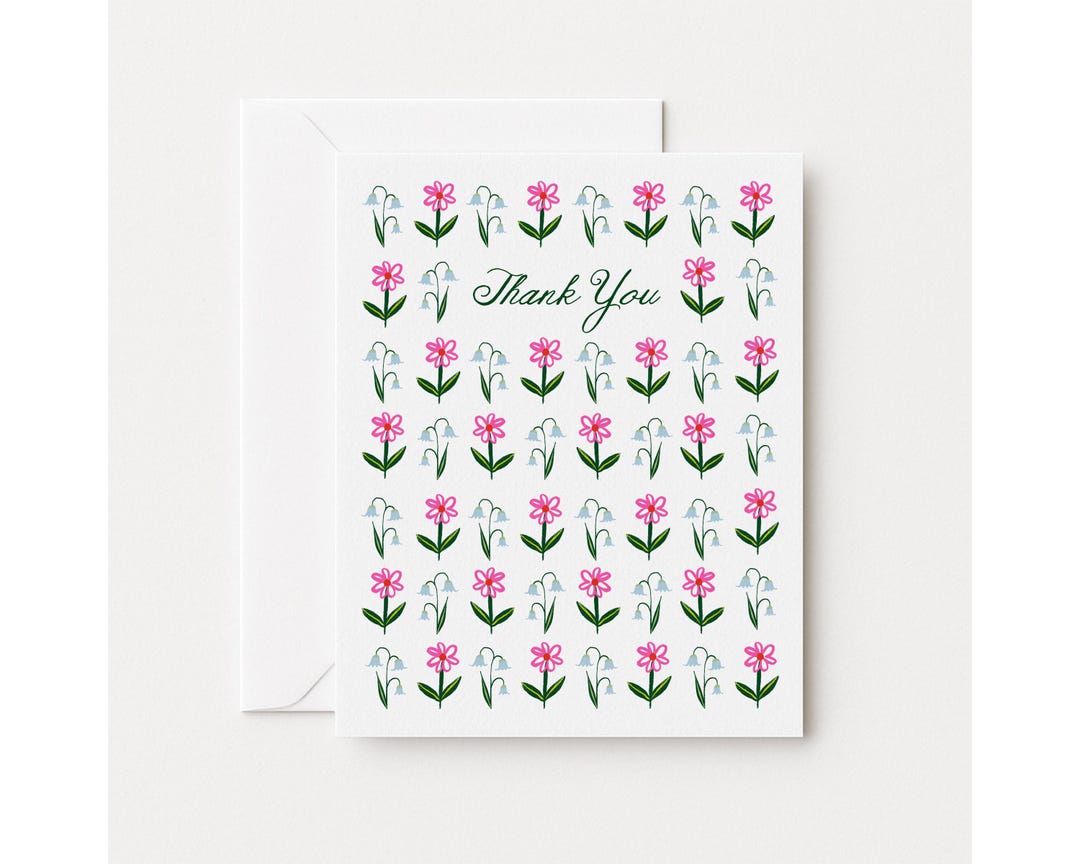 Floral Thank You Card, Pink & Blue, Blank Inside - Etsy