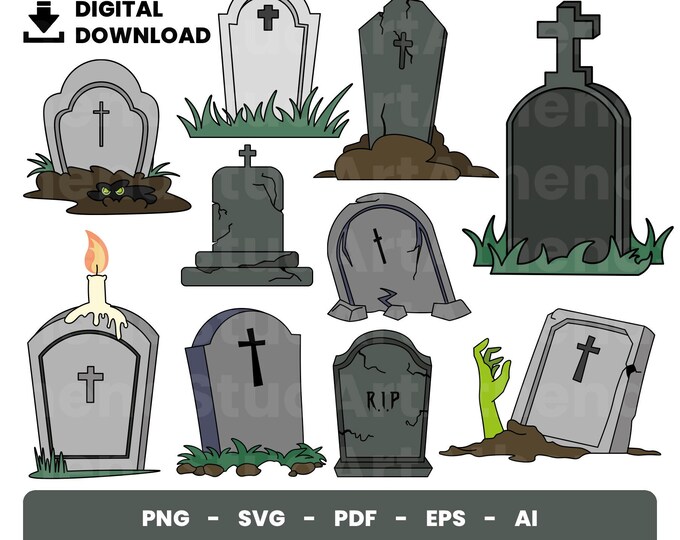 10 Clipart Bundle Layered Svg, Halloween Svg, Headstone Svg, Tombstone, Zombie Svg, Digital ...