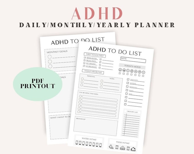 ADHD Pdf Printout Daily, Monthly, Yearly Planner, ADHD Tracker, ADD ...