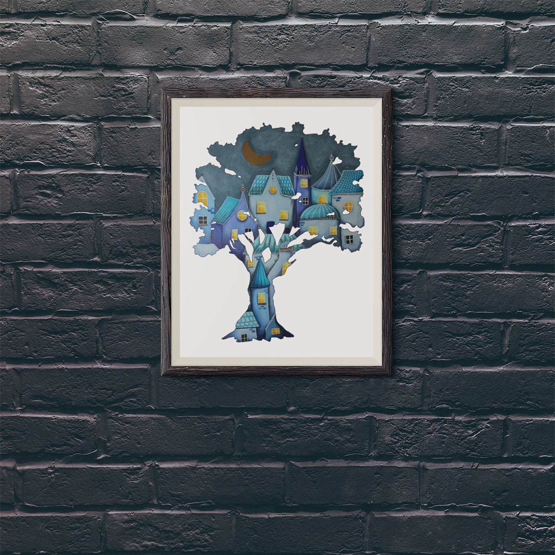 Enchanted Tree Town Fantasy Art Print Whimsical Wall Decor, Fairytale ...