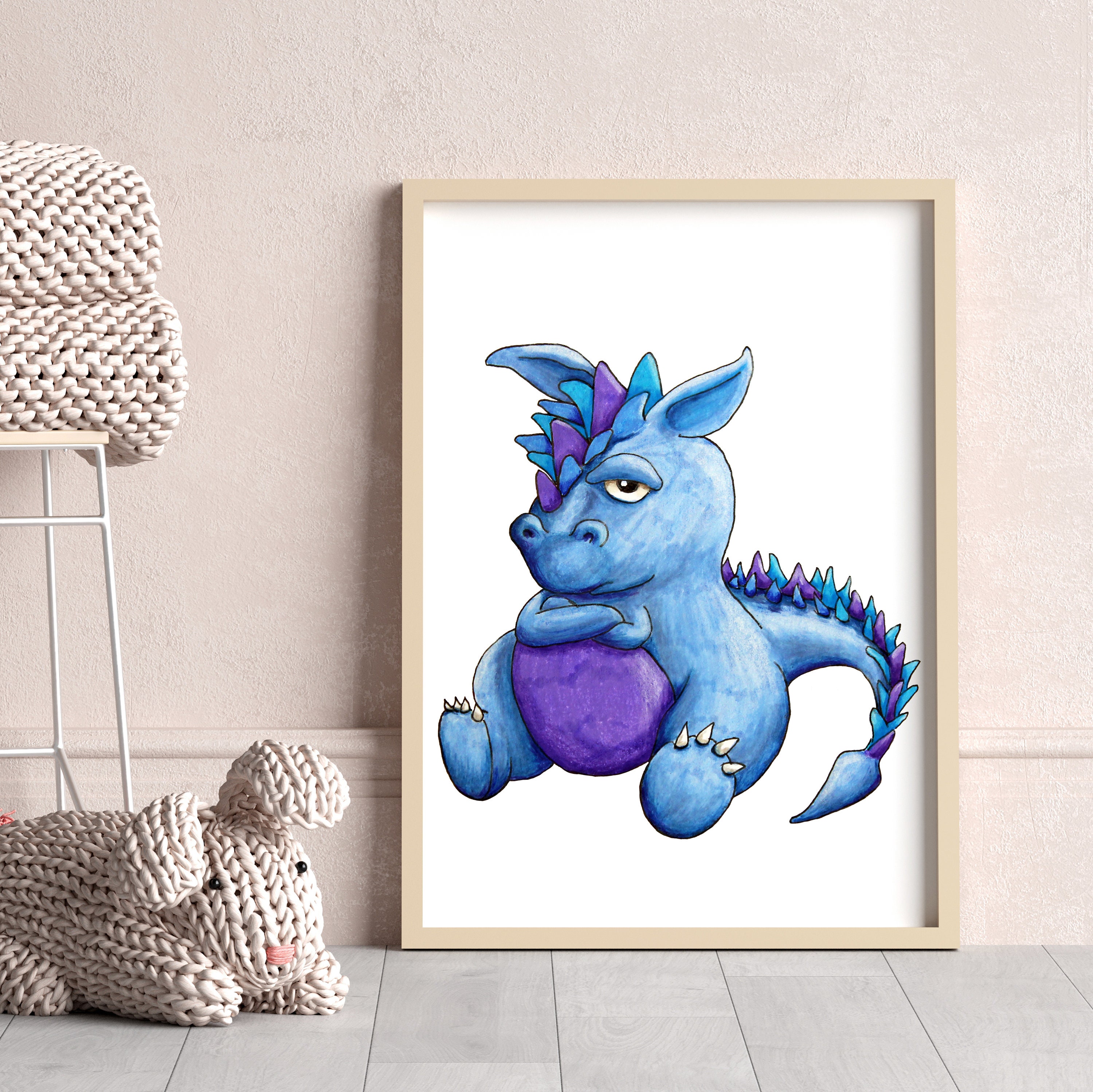 Grumble the Gruff Blue Dragon Art Print Fantasy Wall Decor for Kids ...