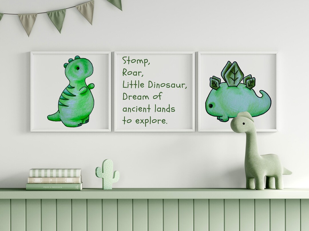 Stomp Roar Little Dinosaur Green Artwork Set of 3 Posters - Cute ...