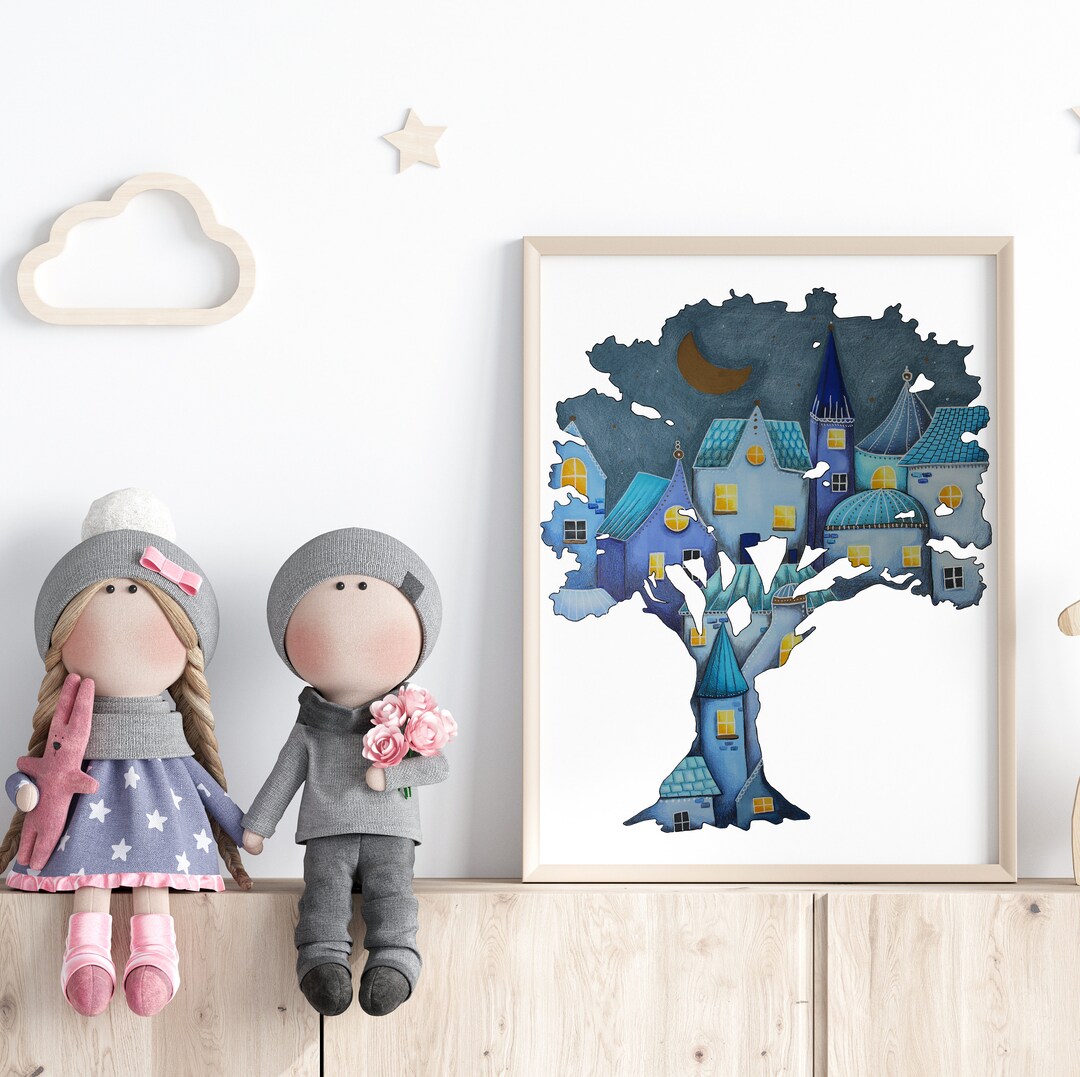 Enchanted Tree Town - Fantasy Art Print - Whimsical Wall Decor ...
