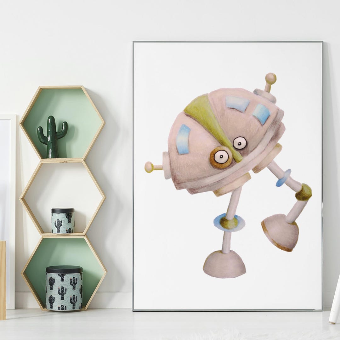 Robot Character Art Print - Tinker the Timid Wall Decor, Adorable Sci ...