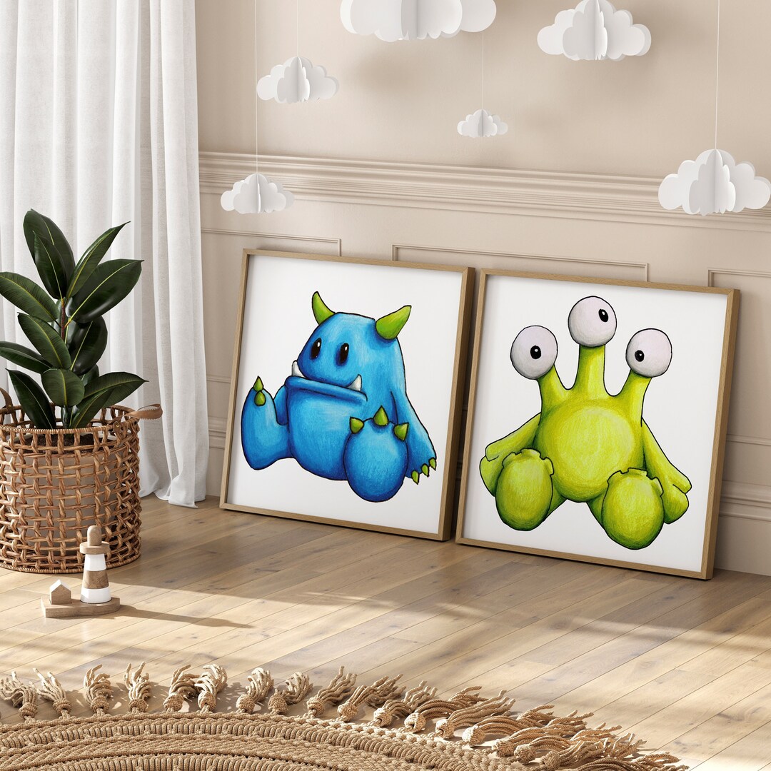 2 Pce Poster Set - Cute Vibrant Monster Art Prints - Ideal for Nursery ...