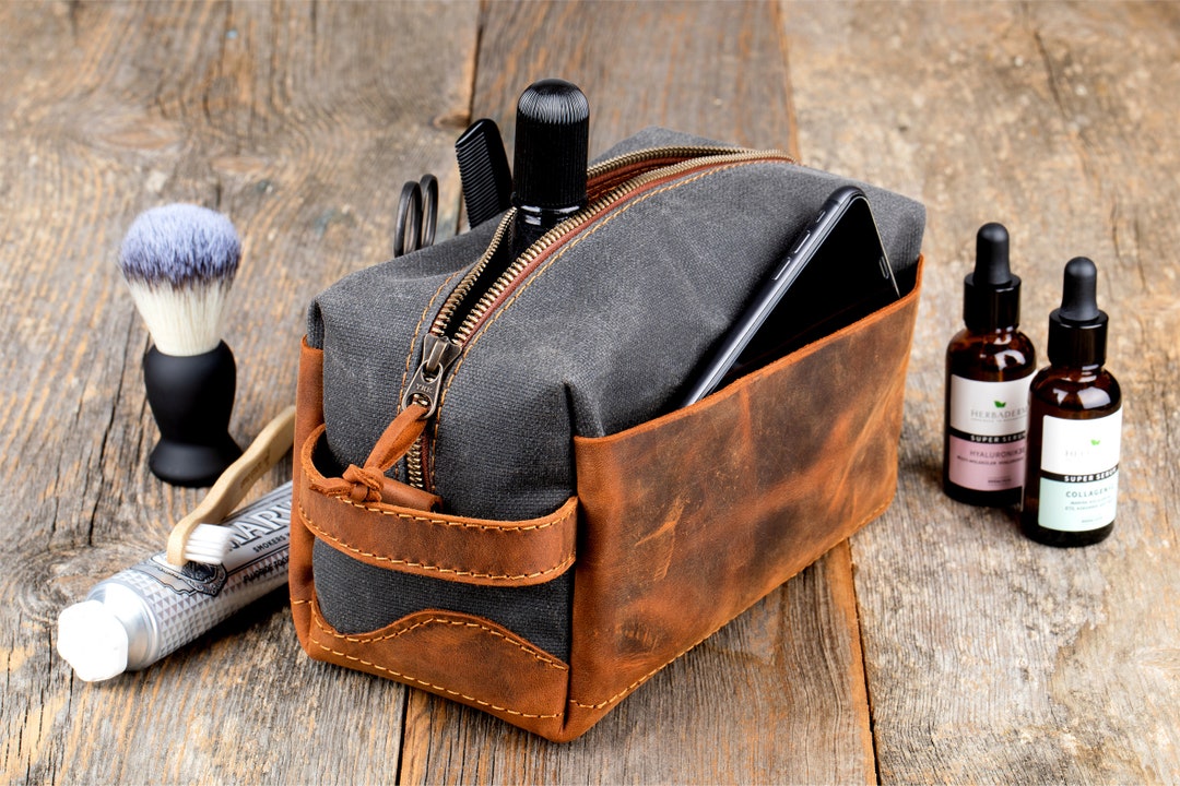 Personalized Dopp Kit in Leather and Waxed Canvas, Groomsmen Leather ...