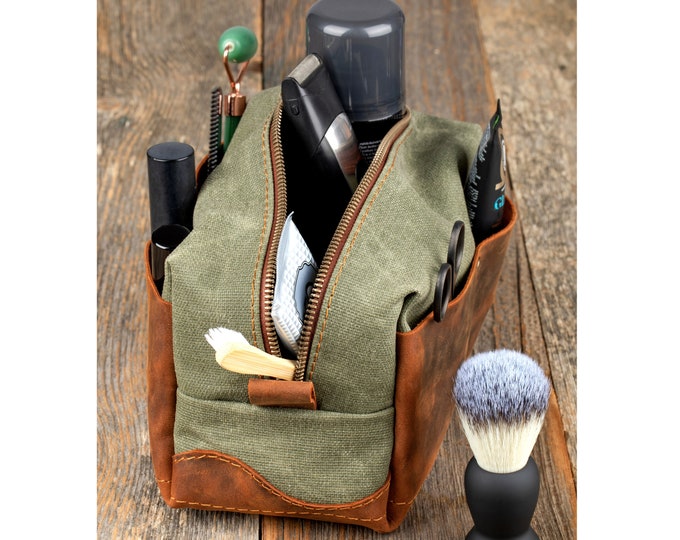 Personalized Leather and Waxed Canvas Dopp Kit, Toiletry Case, Men's ...