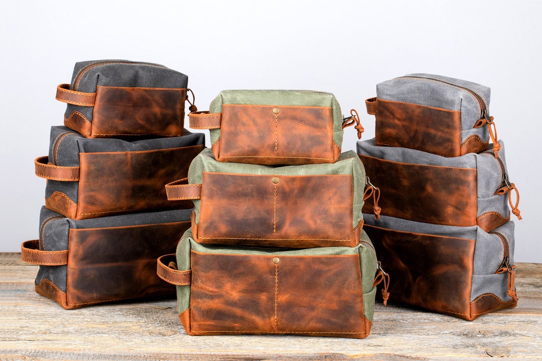 Personalized Leather and Waxed Canvas Dopp Kit, Groomsmen Leather ...
