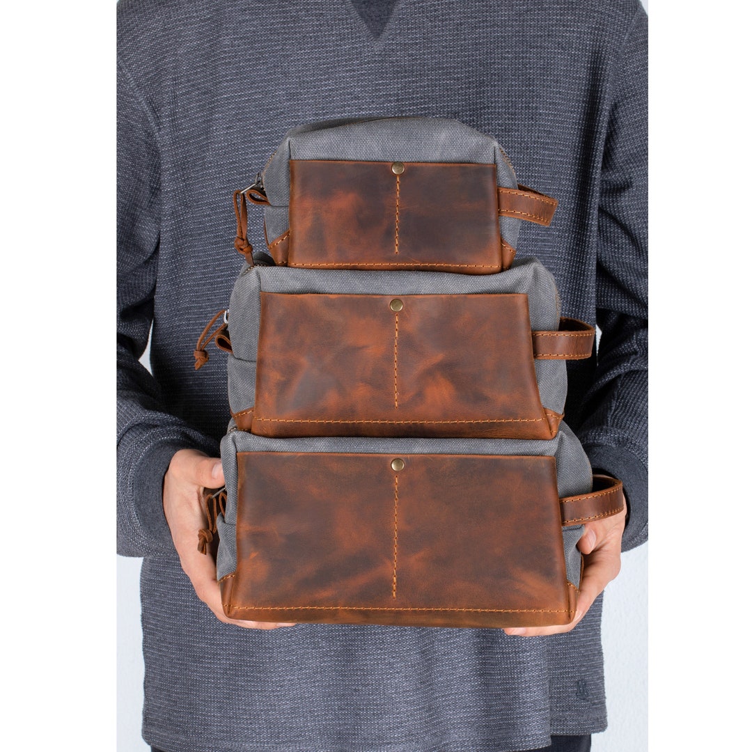 Leather and Waxed Canvas Dopp Kit for Men , Groomsmen Leather Toiletry ...