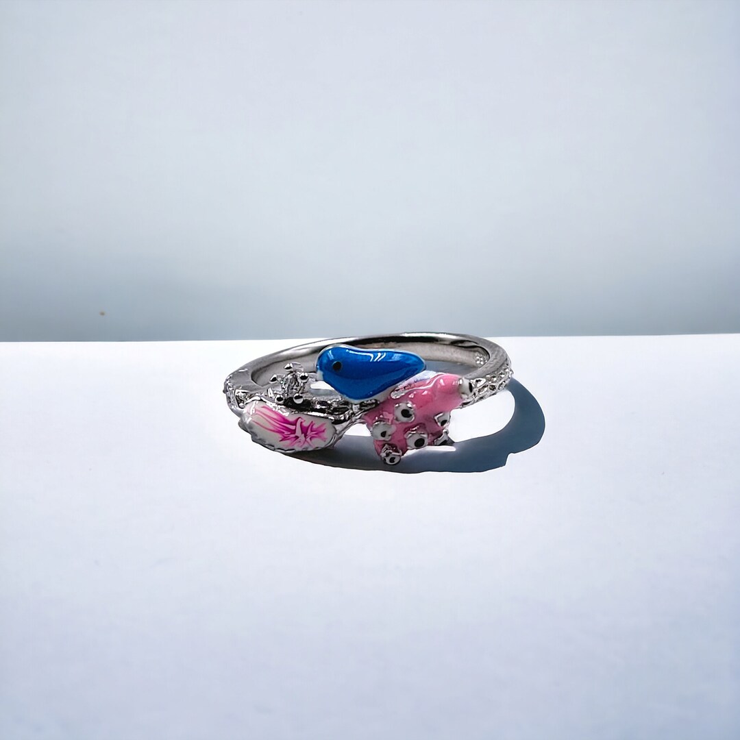 Silver Bird Design Ring Cubic Zirconia Floral Enamel Ring 925 Sterling ...