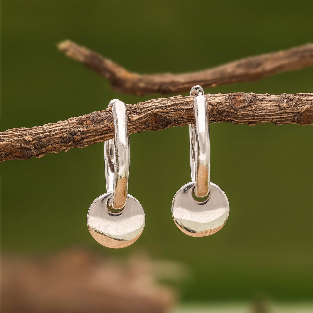 Sterling Silver Disc Drop Hoop Earrings, Minimalist Dangle Hoops-size ...