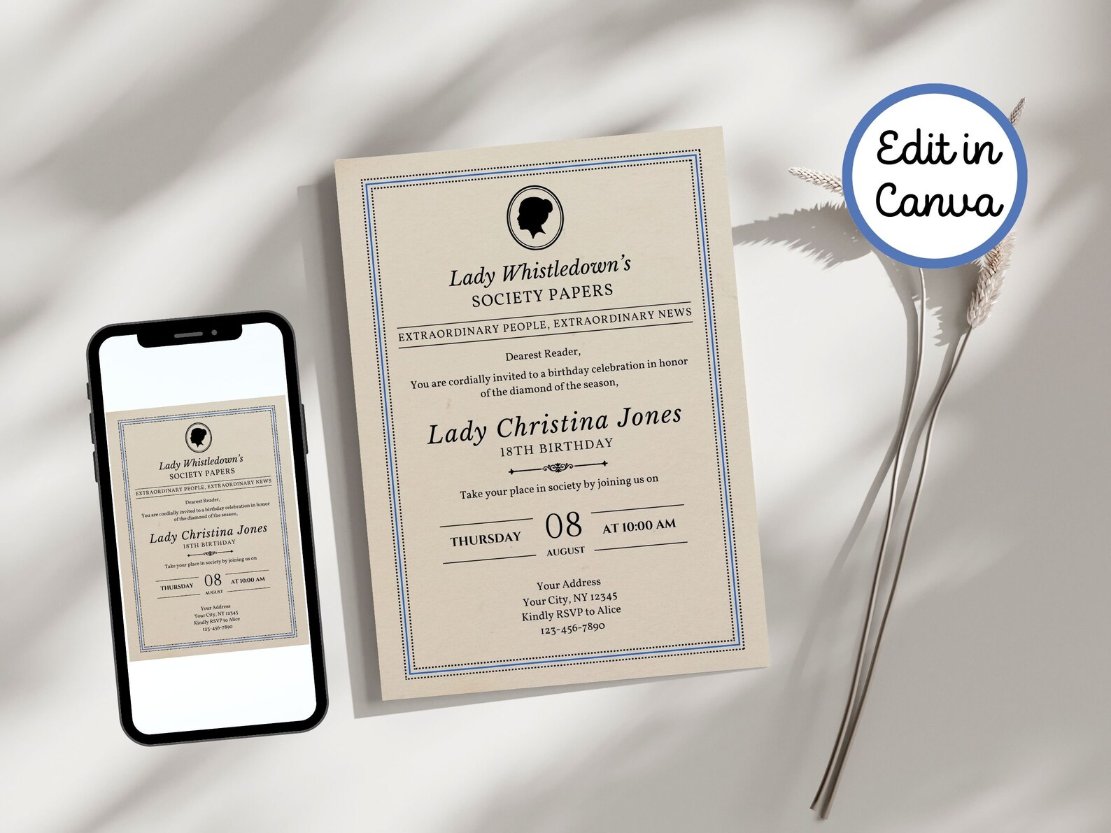 Regency Era Birthday Invitation Editable Template, Canva Template ...
