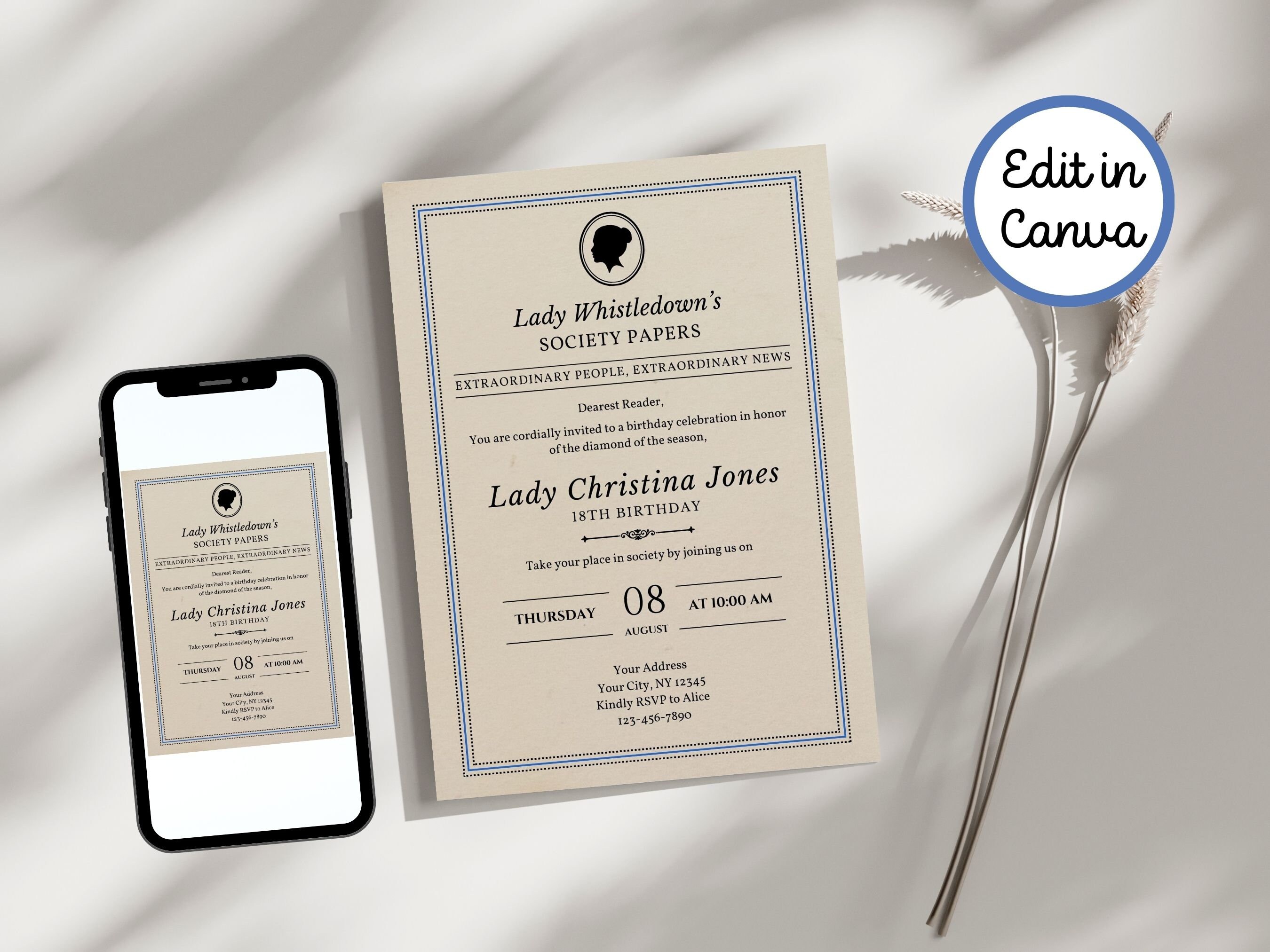Regency Era Birthday Invitation Editable Template, Canva Template ...