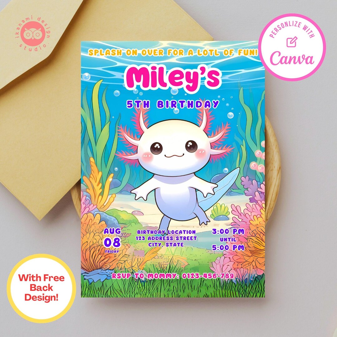 Axolotl Birthday Invitation Boy, Axolotl Invitation, Axolotl Png, Canva ...