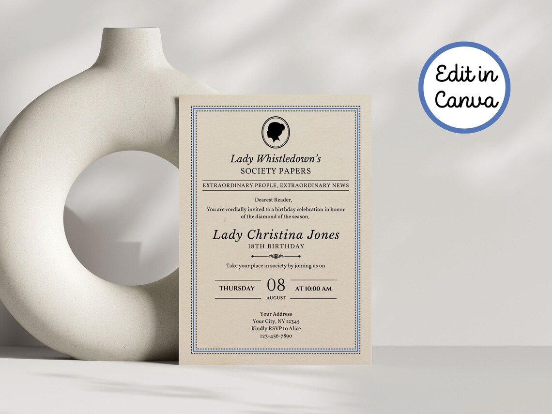 Regency Era Birthday Invitation Editable Template, Canva Template ...