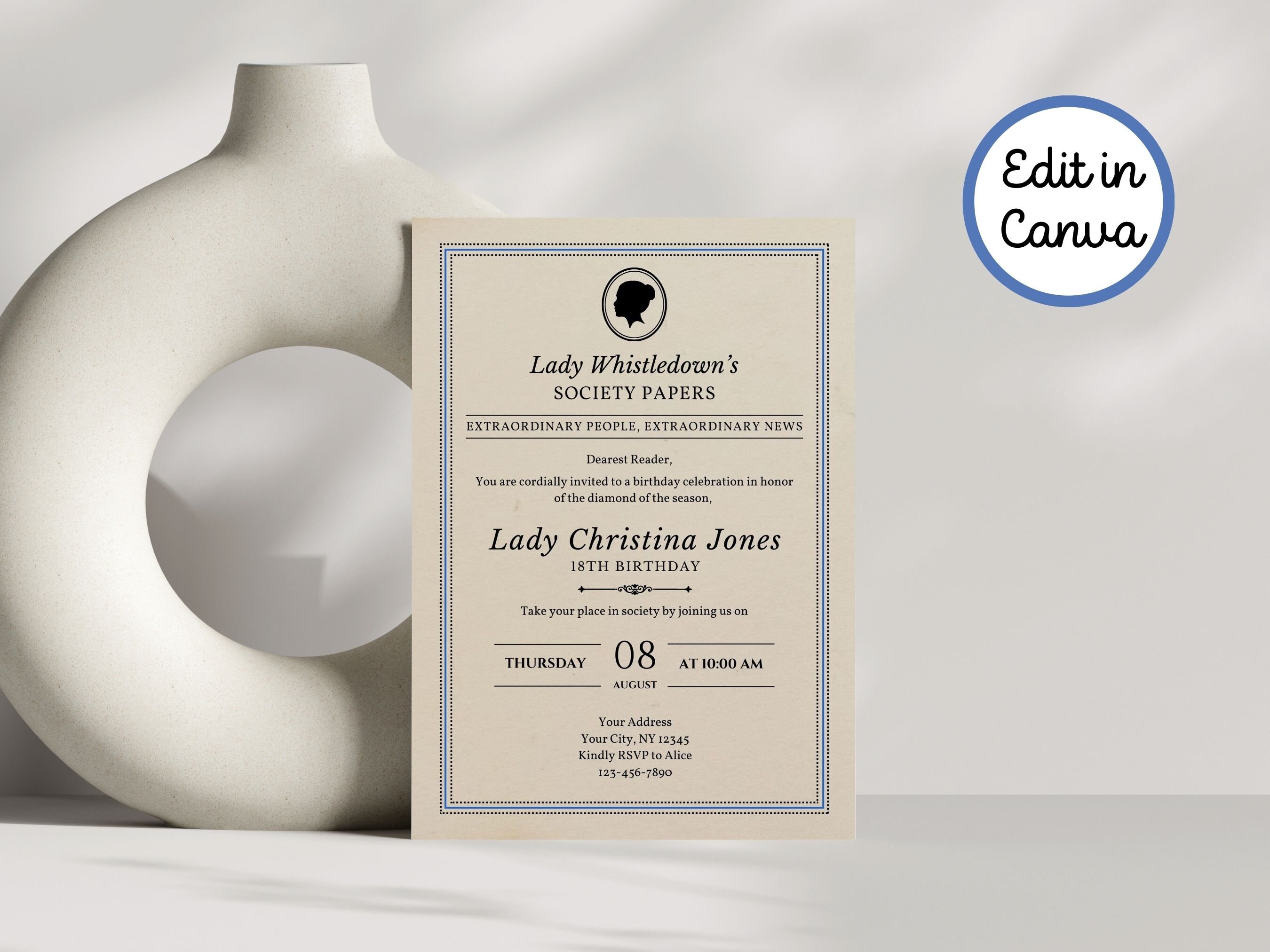 Regency Era Birthday Invitation Editable Template, Canva Template ...