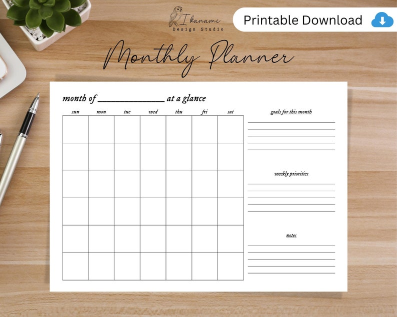 Printable Monthly Planner, Month at a Glance, Plain and Simple Undated ...