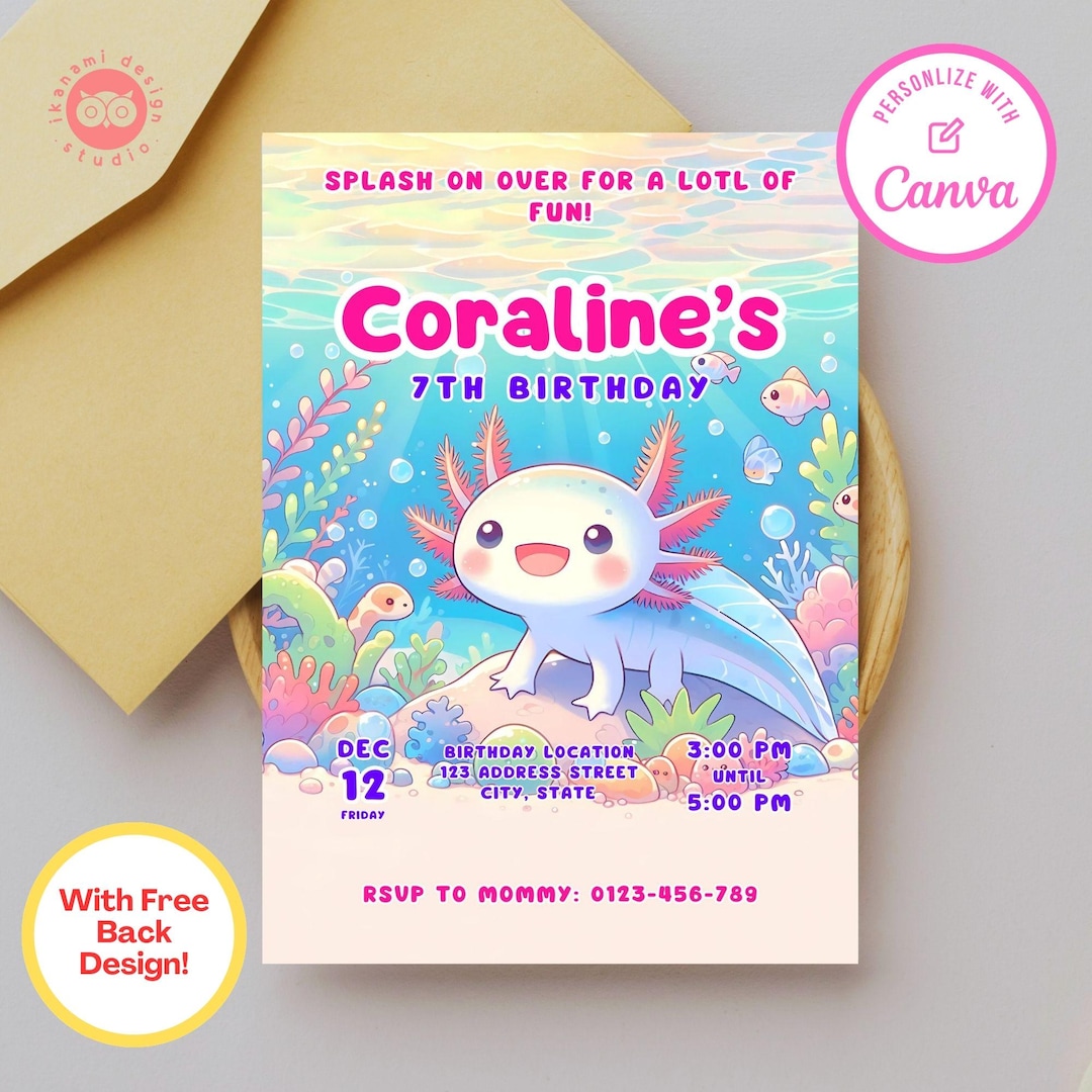 Axolotl Birthday Invitation: Editable Canva Template (digital Download ...