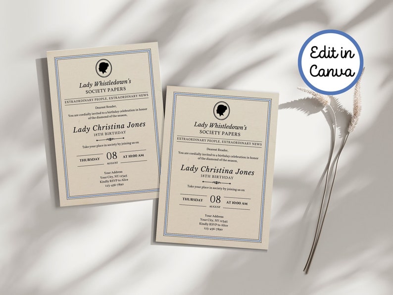 Regency Era Birthday Invitation Editable Template, Canva Template ...