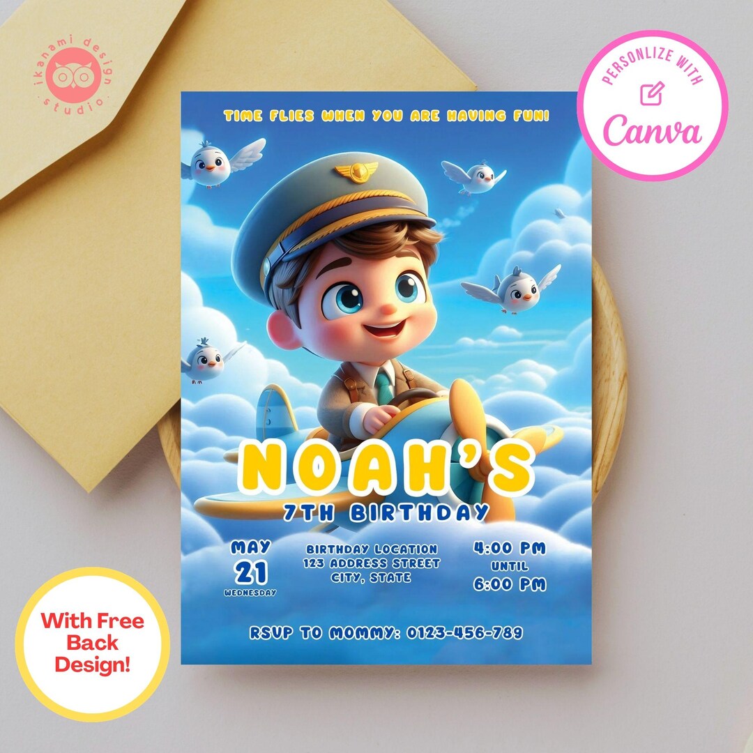 Pilot Birthday Invitation, Airplane Birthday Invitation, Pilot, Canva ...